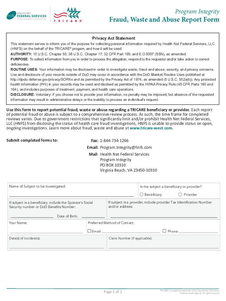 Fillable Online Program Integrity Fraud, Waste and Abuse Report Form ...