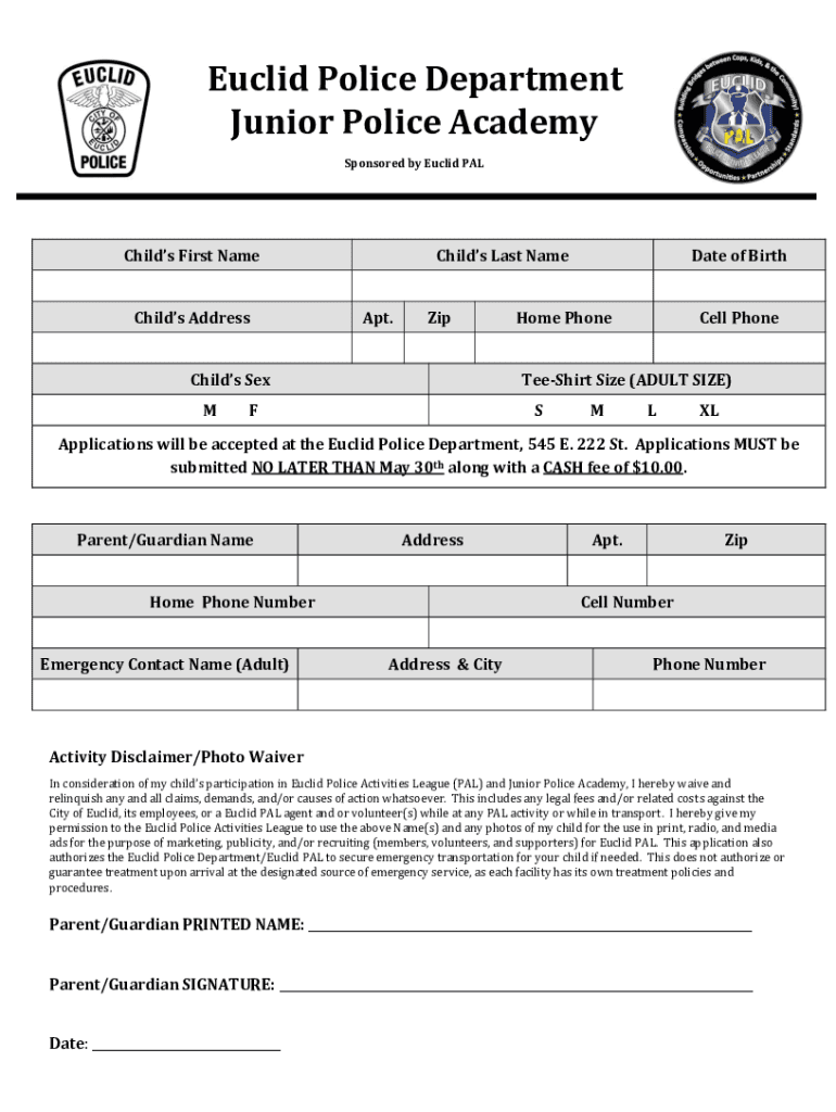 Fillable Online Euclid Police Department Junior Police Academy Fax ...