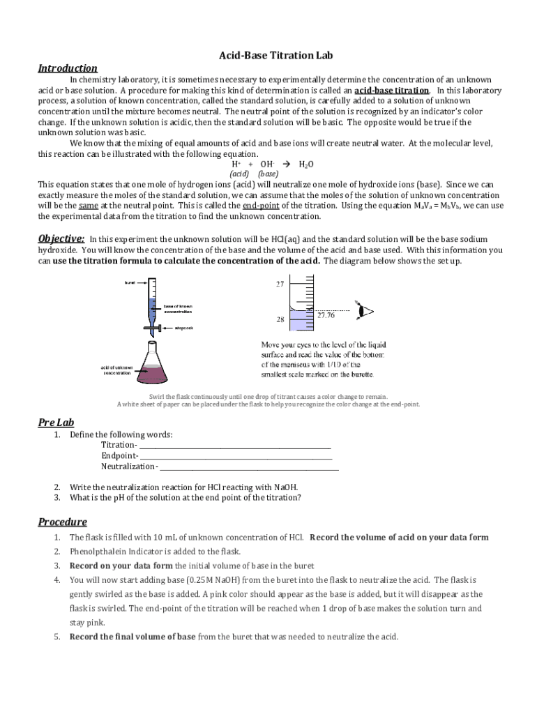 Fillable Online Acid-Base Titration Lab Introduction In a chemistry ...