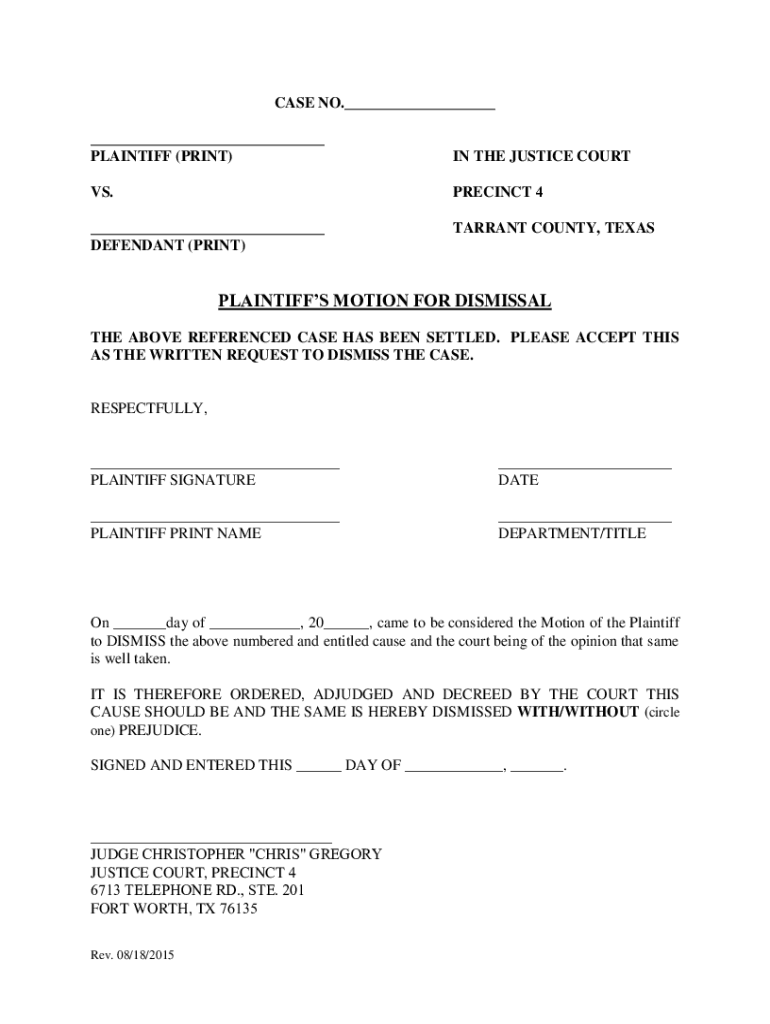 Fillable Online PLAINTIFF'S MOTION FOR DISMISSAL Fax Email Print - pdfFiller