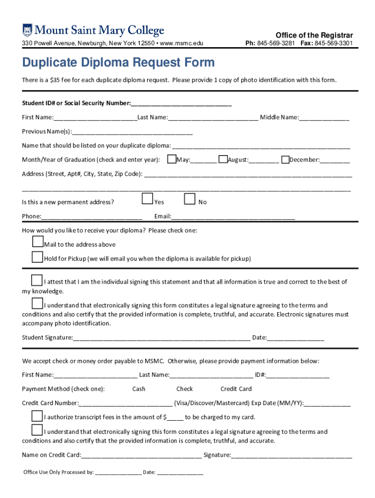 Fillable Online New/Replacement Diploma Request Form - Inside the Mount ...