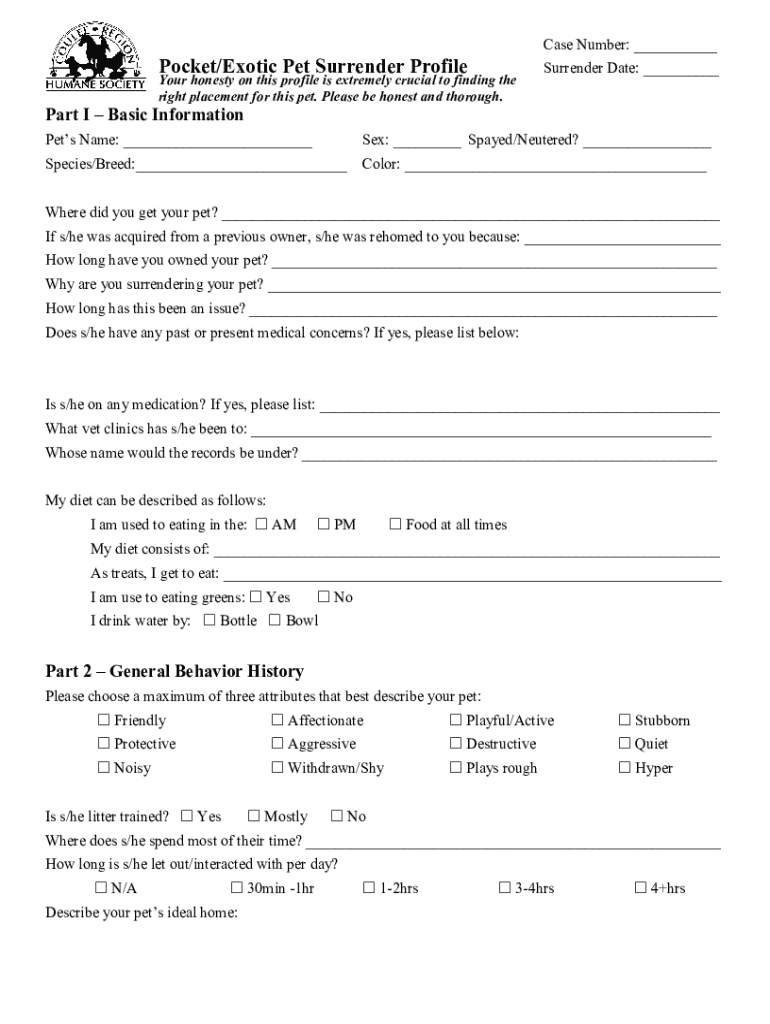 Fillable Online Small Mammal/Exotic/Pocket Pet Personality Profile Fax ...
