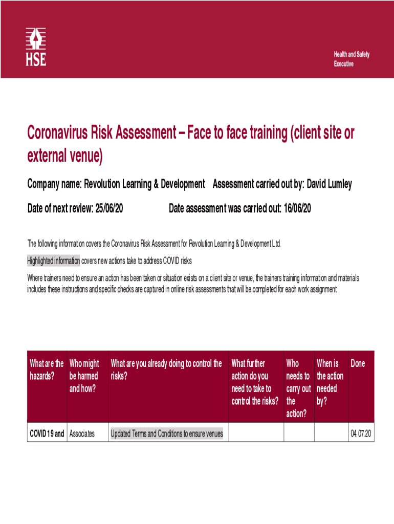 Fillable Online Risk Assessment 16.06.20 - Face to face training ...