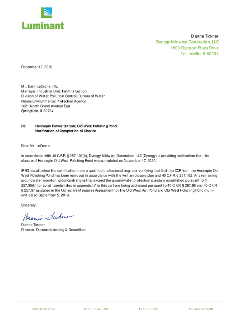 Fillable Online Dianna Tickner Dynegy Midwest Generation, LLC 1500 ...