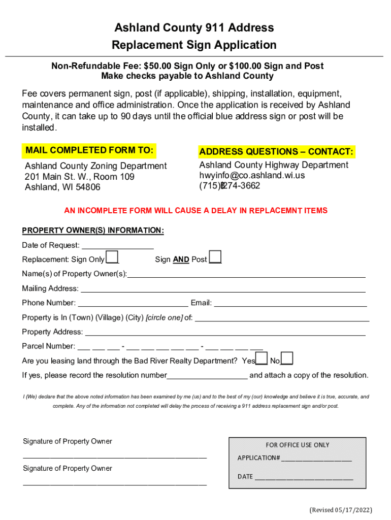 Fillable Online co ashland wi Ashland County 911 Address Replacement ...