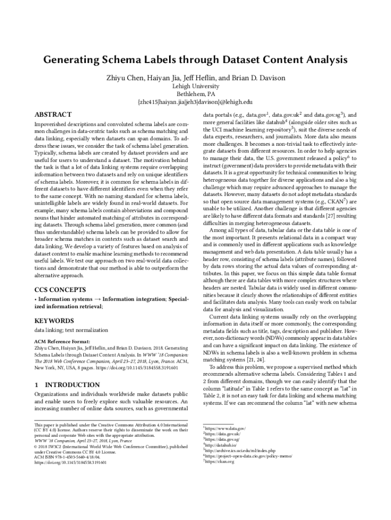 Fillable Online Generating Schema Labels through Dataset Content Analysis. -Information systems ...