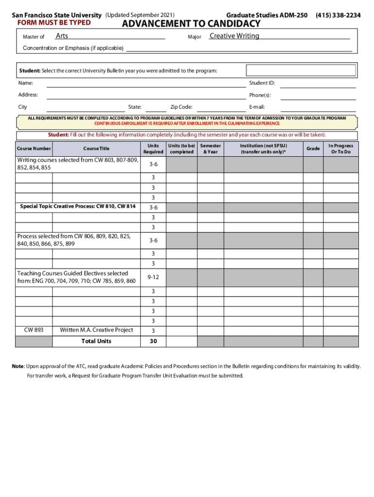 Fillable Online grad sfsu After completion of 18 units and prior to the ...