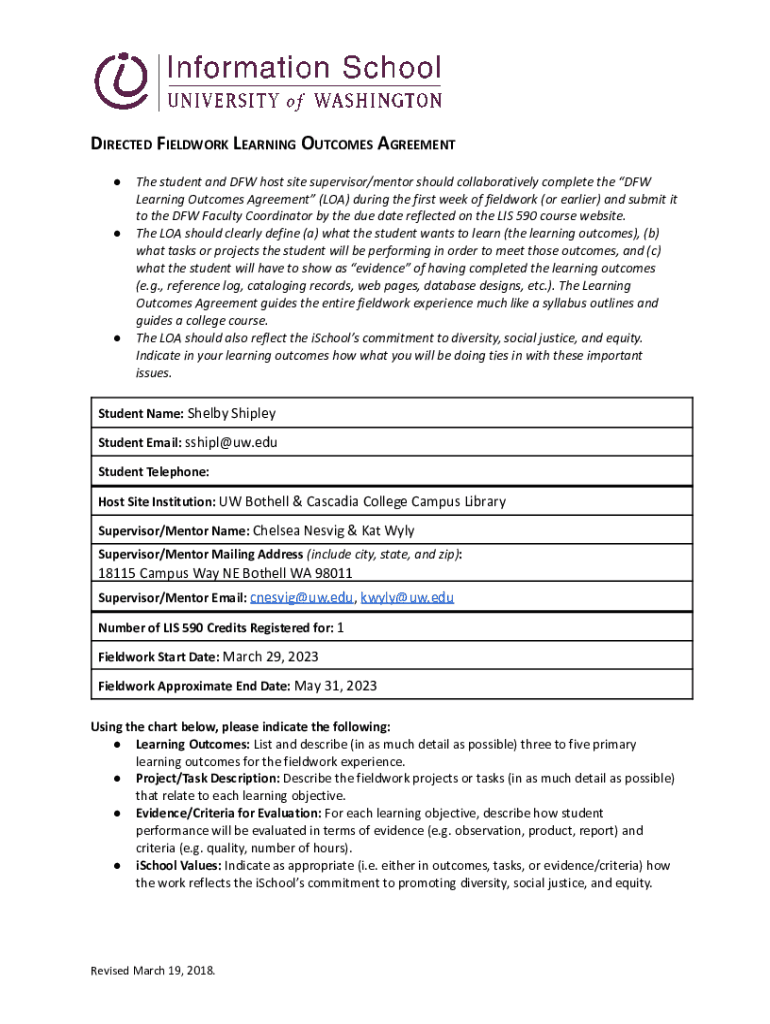 Fillable Online directed fieldwork learning outcomes agreement Fax Email Print - pdfFiller