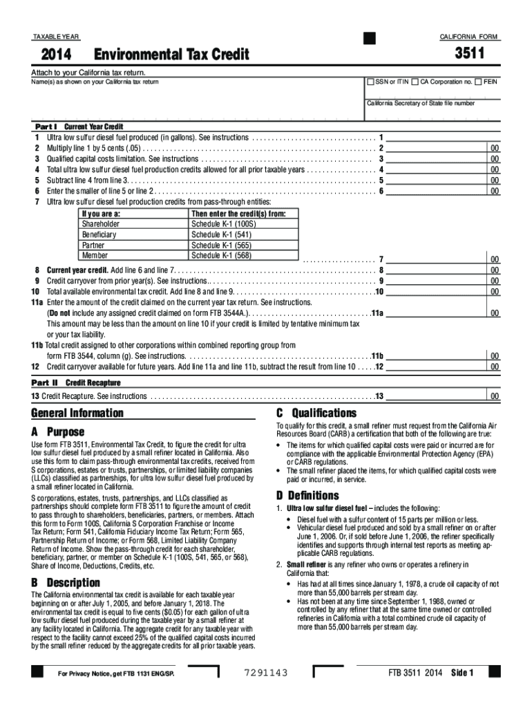 Fillable Online 2014 Form 3511 -- Environmental Tax Credit ...