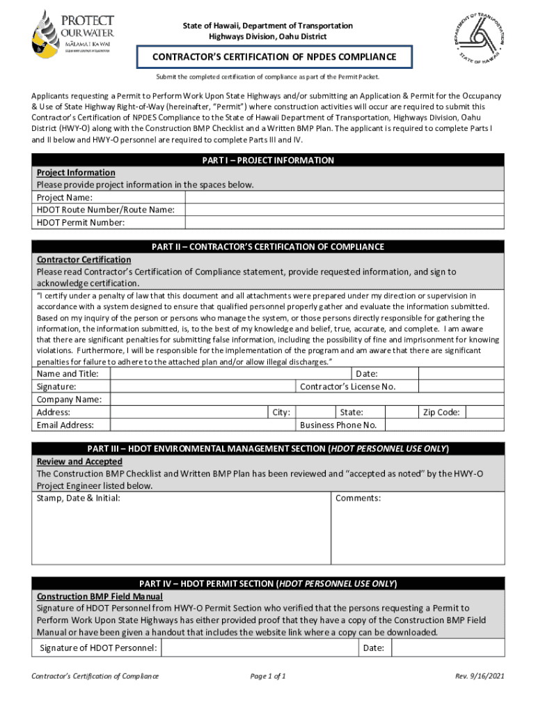 Fillable Online D.5 Contractor's Certification of NPDES Compliance Fax ...