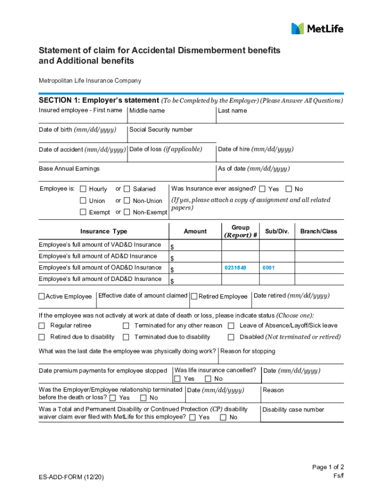 Fillable Online Statement of claim for Accidental Dismemberment ...