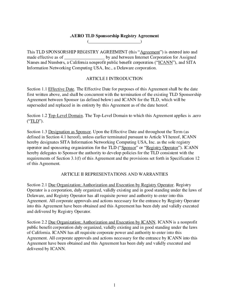 Fillable Online Get SPONSORED TLD REGISTRY AGREEMENT Of This ...