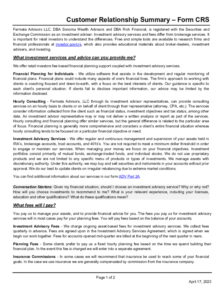 Fillable Online Form CRS What investment services and advice can you ...