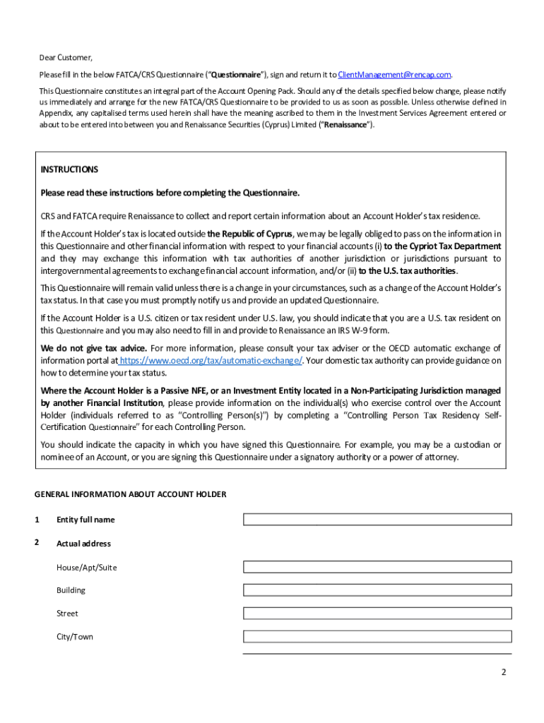 Fillable Online ACCOUNT OPENING PACK (FATCA/CRS QUESTIONNAIRE Fax Email ...