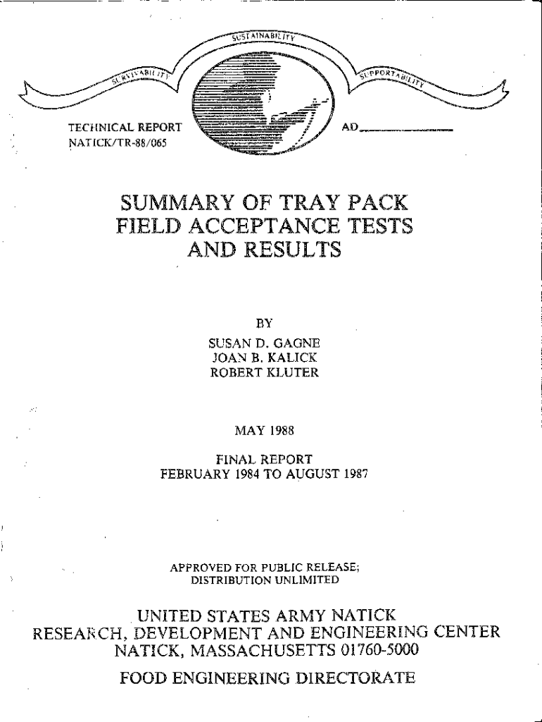 Fillable Online SUMMARY OF TRAY PACK FIELD ACCEPTANCE TESTS ... Fax ...