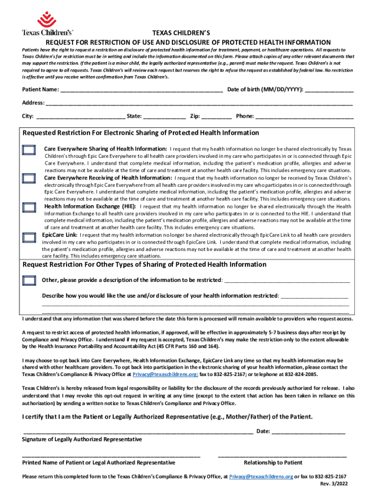 Fillable Online Request for Restriction of Protected Health Information Fax Email Print - pdfFiller