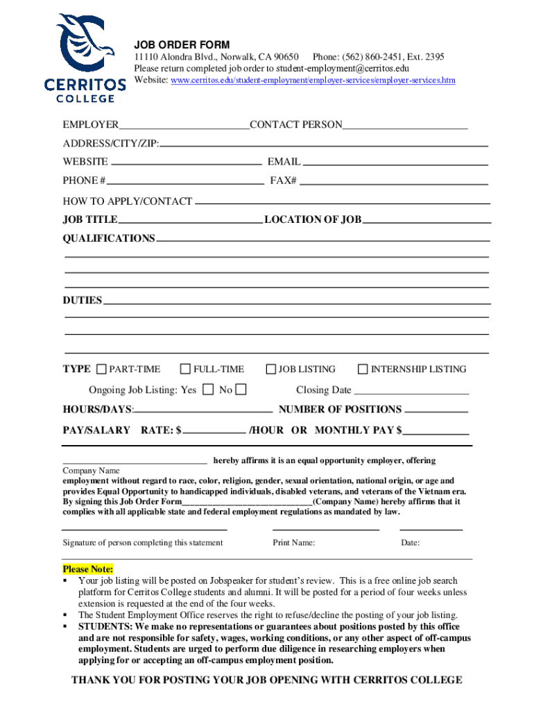 Fillable Online Job Order form Fax Email Print - pdfFiller