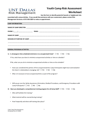 Fillable Online Youth Camp Risk Assessment Worksheet Fax Email Print ...