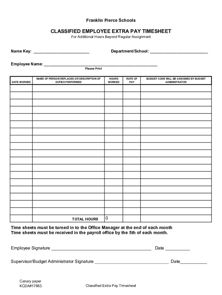 Fillable Online CLASSIFIED EMPLOYEE EXTRA PAY TIMESHEET Fax Email Print - pdfFiller