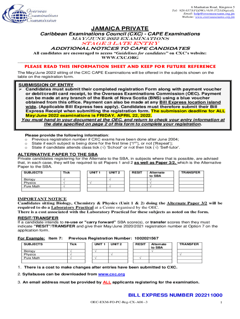 Fillable Online JAMAICA PRIVATE - Overseas Examinations Commission Fax ...