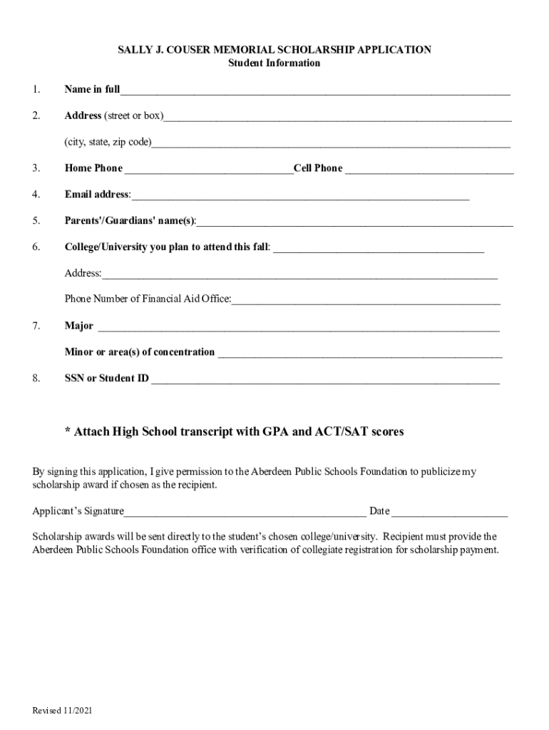 Fillable Online Sally J. Couser Memorial Scholarship Application Fax ...