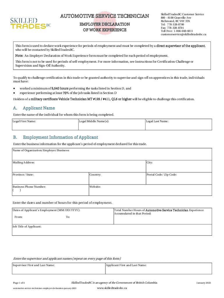 Fillable Online automotive-service-technician-employer-declaration ...