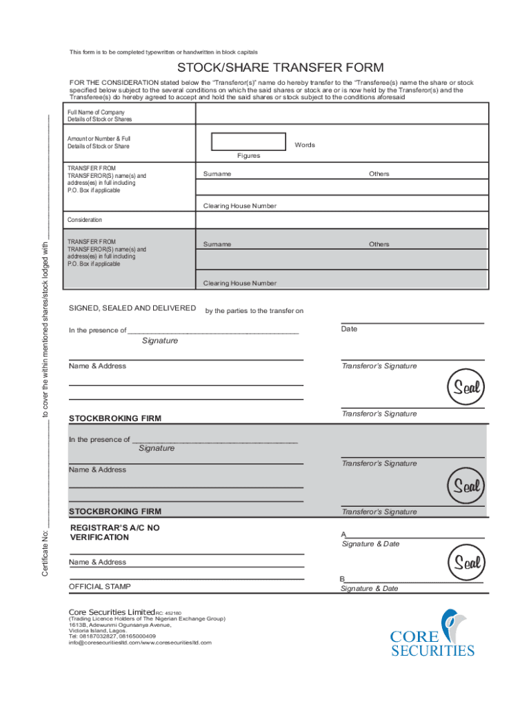 Fillable Online Stock Transfer form (for Certificated holders) Fax ...