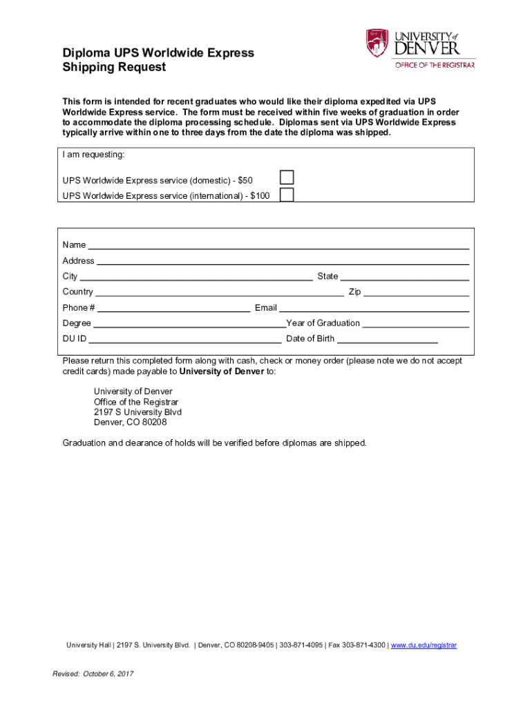 Fillable Online Diploma UPS Worldwide Express shipping form new Fax ...