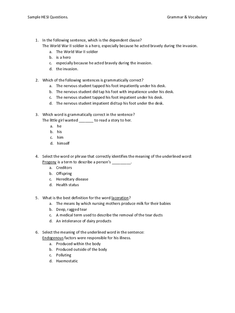 Fillable Online Question 1 of the Grammar Practice Test for the HESI ...