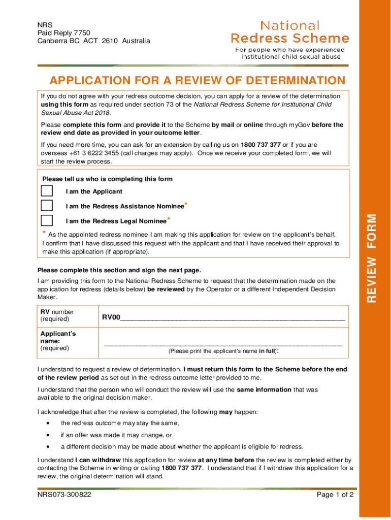Fillable Online Application for review of determination. National ...