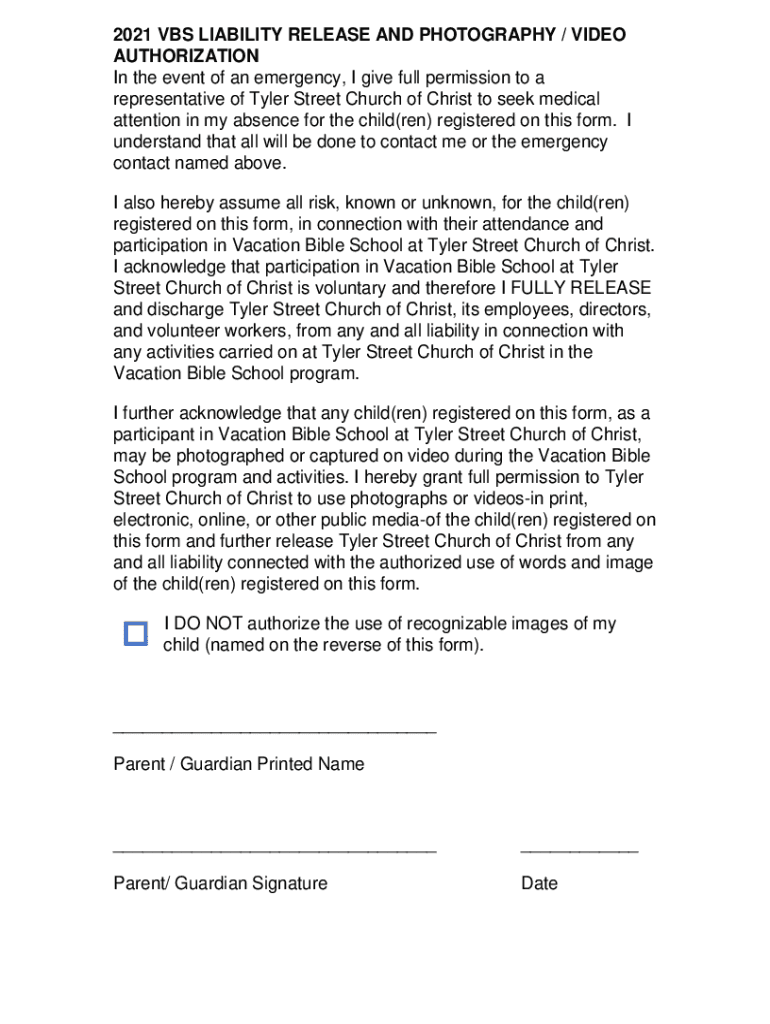 Fillable Online 2021 vbs liability release and photography / video ...