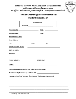 Fillable Online Town of Greenburgh Police Department Incident Report ...