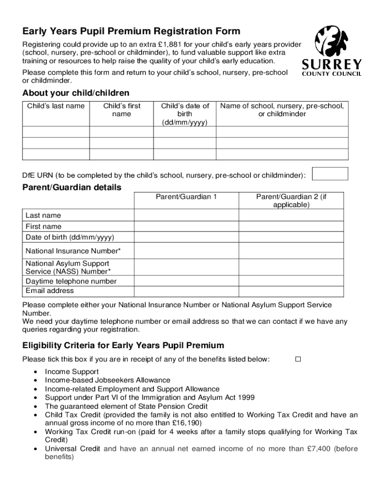 Fillable Online Early Years Pupil Premium EYPP Registration form Fax ...