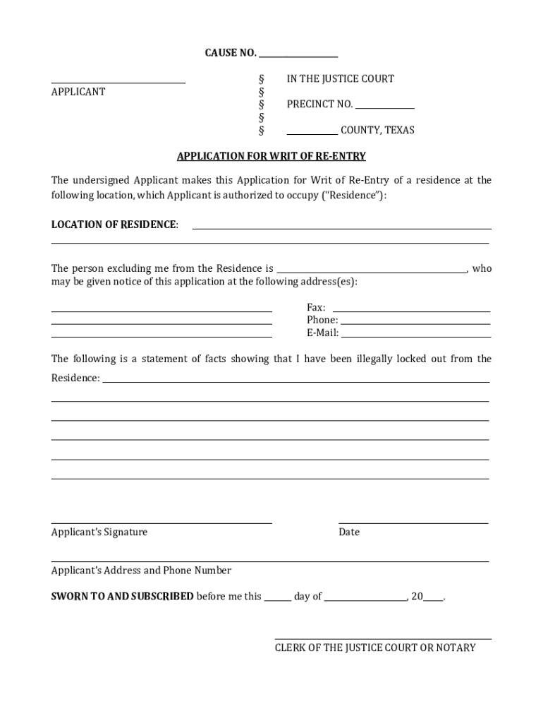 Fillable Online Application for a Writ of Re-Entry Fax Email Print - pdfFiller