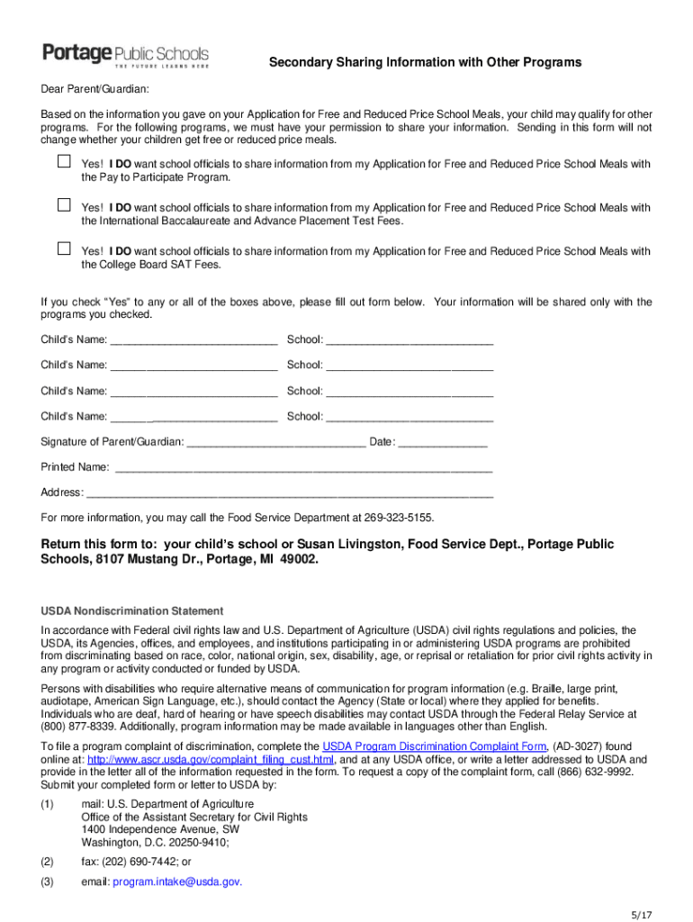 Fillable Online Free/Reduced Lunch Status Information Sharing ... Fax ...