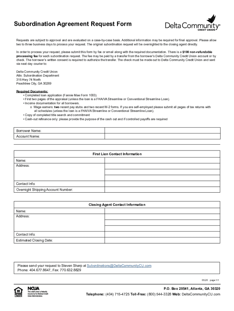 Fillable Online Subordination Agreement Request Form. Subordination ...