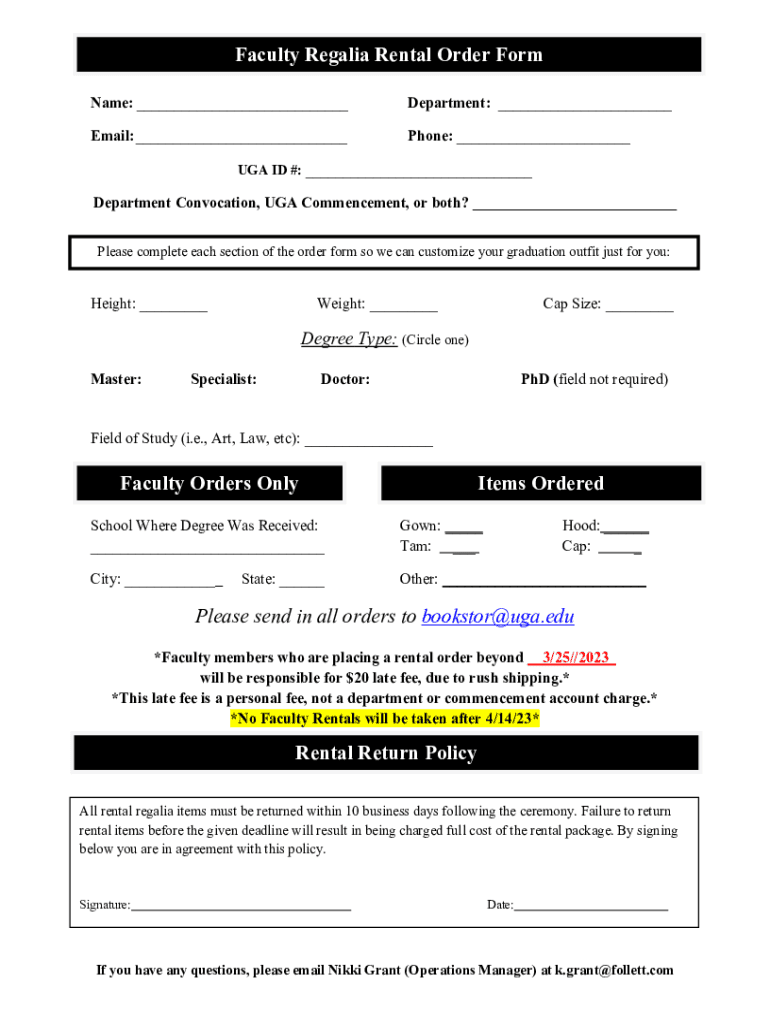 Fillable Online Rental Return Policy Faculty Regalia Rental Order Form ...