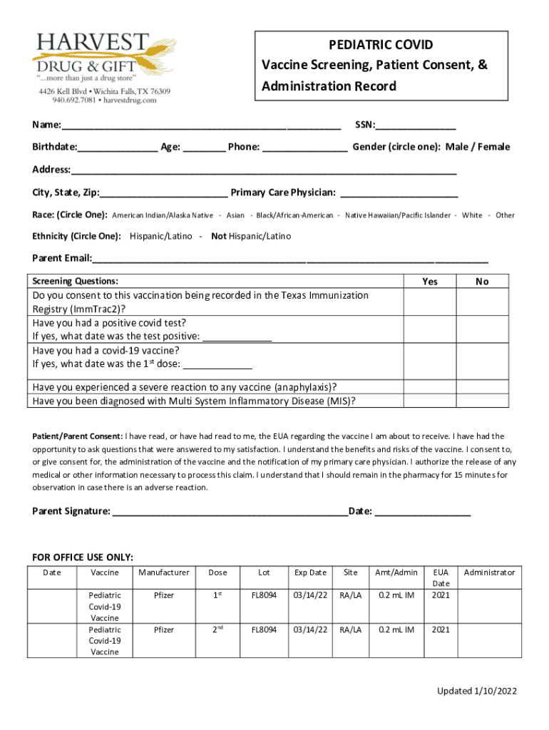 Fillable Online Universal Consent and Screening Form for Minors age 6 ...