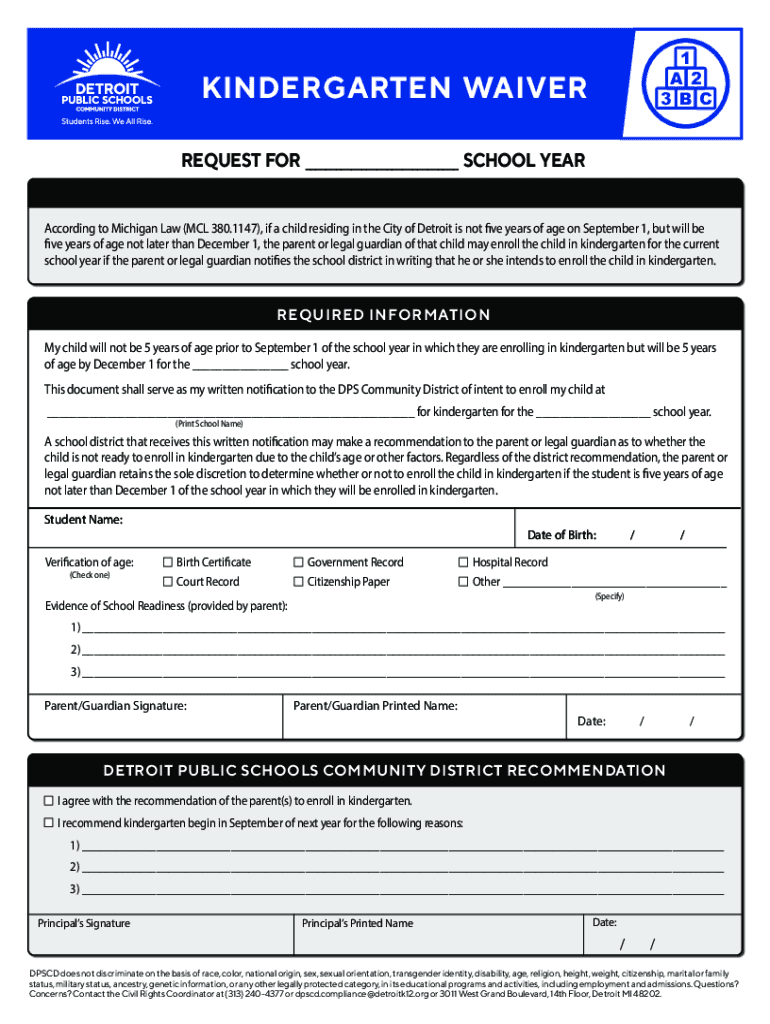 Fillable Online Kindergarten Waiver Request for 2022-2023 School Year ...