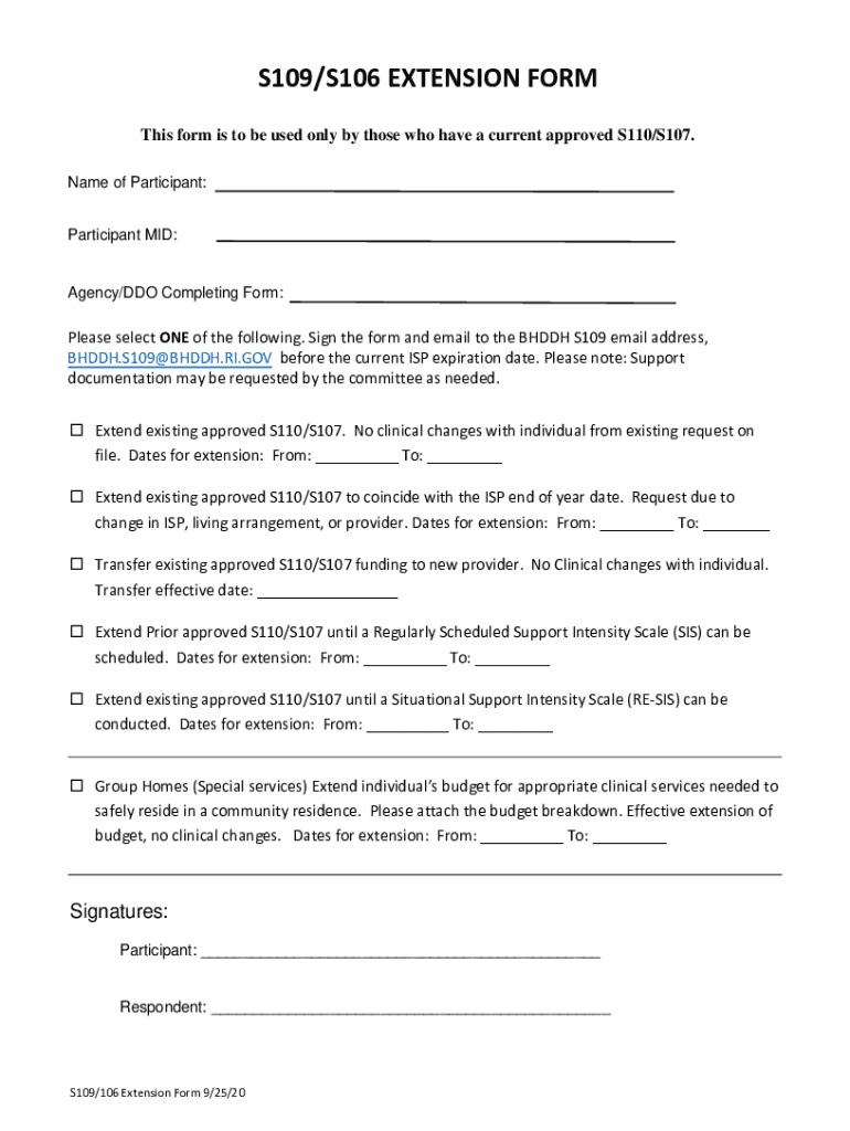 Fillable Online bhddh ri S109/S106 EXTENSION FORM - bhddh - RI.gov Fax ...