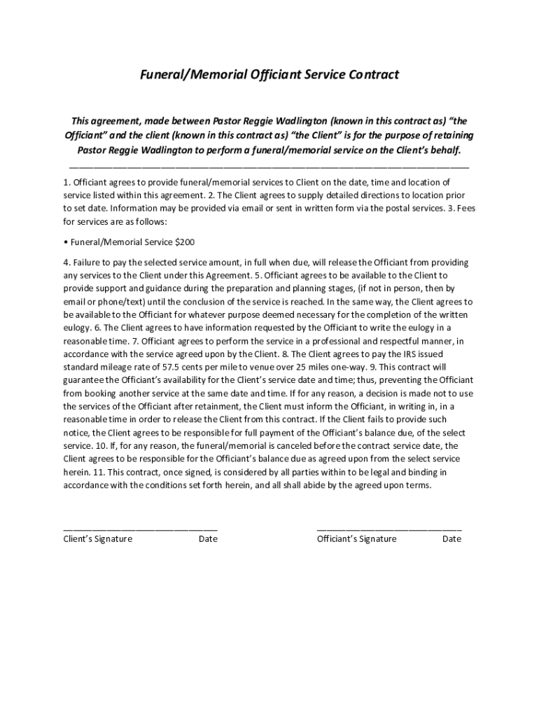 Fillable Online Funeral/Memorial Officiant Service Contract Fax Email ...