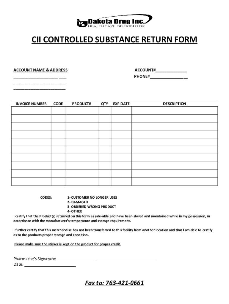 Fillable Online CII CONTROLLED SUBSTANCE RETURN FORM Fax Email Print ...