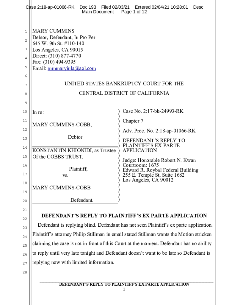 Fillable Online 02-4-21-mary-cummins-reply-to-plaintiff-ex-parte- ... Fax Email Print - pdfFiller