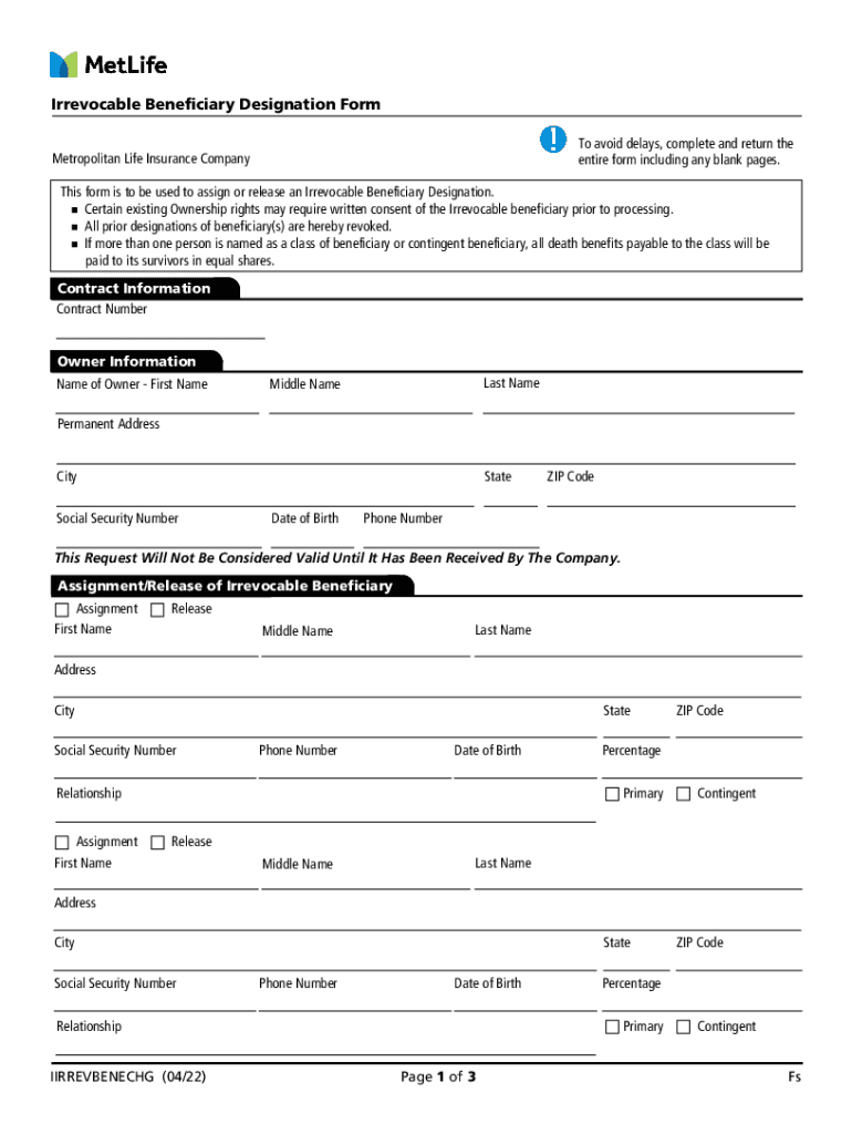 Fillable Online Irrevocable Beneficiary Designation Form Fax Email ...