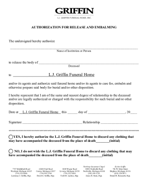 Fillable Online authorization for release and embalming Fax Email Print ...