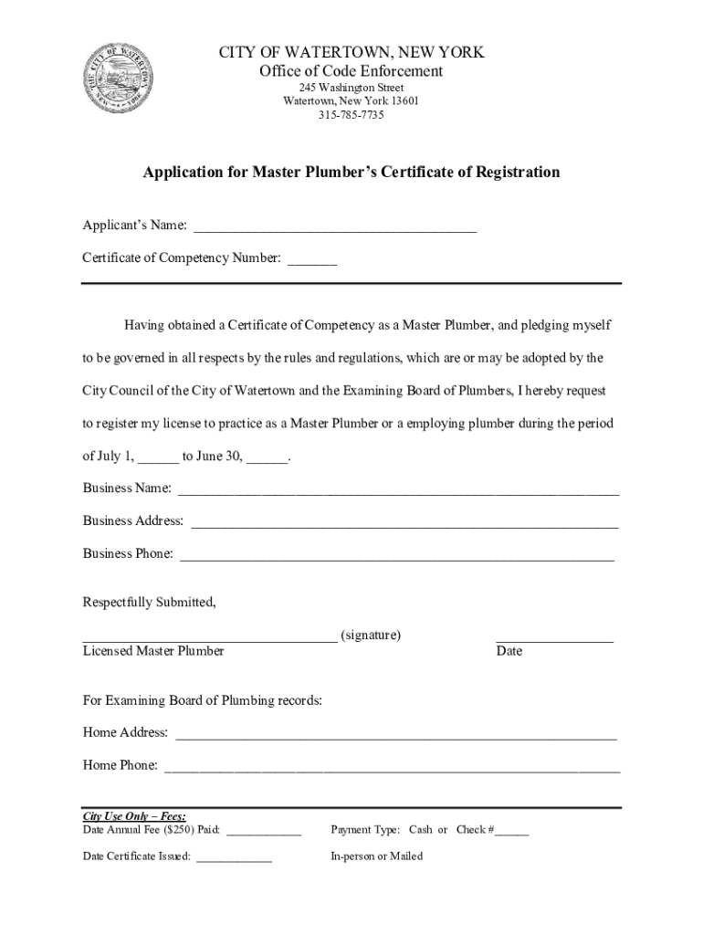 Fillable Online Application for Master Plumber's Certificate of ...