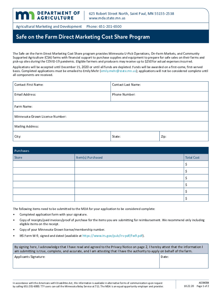 Fillable Online Safe on the Farm Direct Marketing Cost Share Program ...