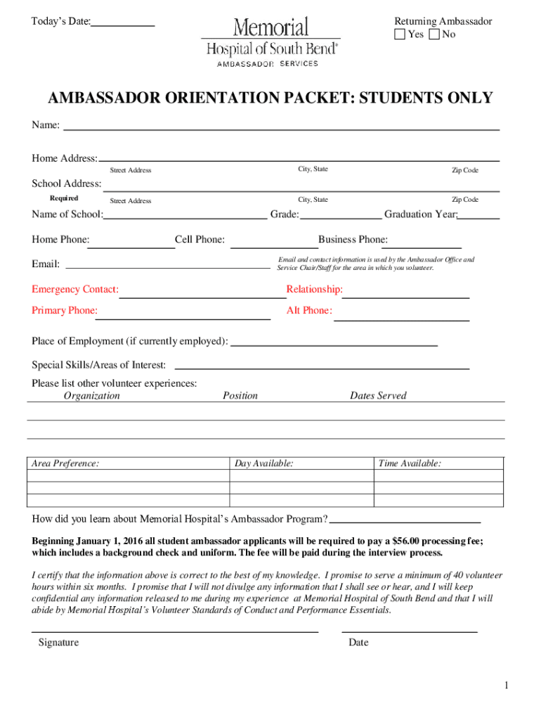 Fillable Online AMBASSADOR ORIENTATION PACKET: STUDENTS ONLY Fax Email Print - pdfFiller