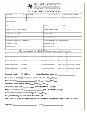 Fillable Online 2021 Income Tax Client Information Sheet Fax Email ...