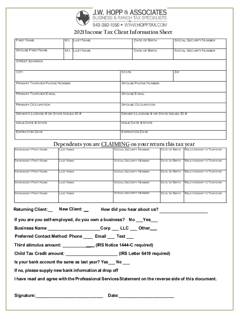 Fillable Online 2021 Income Tax Client Information Sheet Fax Email ...